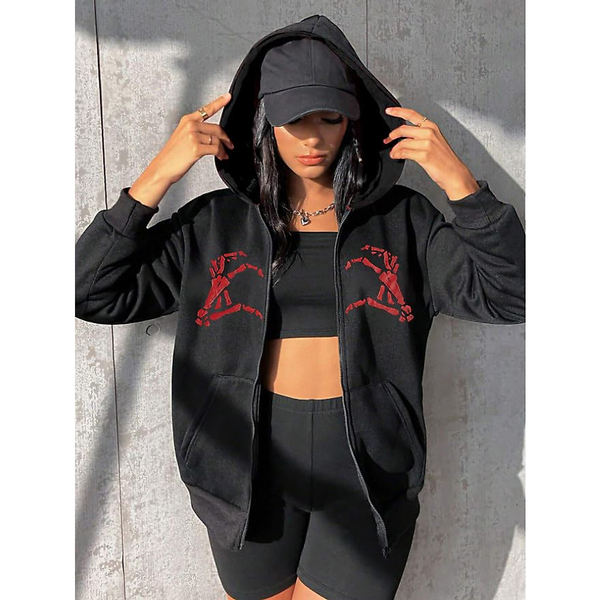 JINTING Skeleton Heart Hand Zip Up Hoodie Sweatshirt Women Vintage Jacket Halloween Oversized Top Jackets Pullover Black
