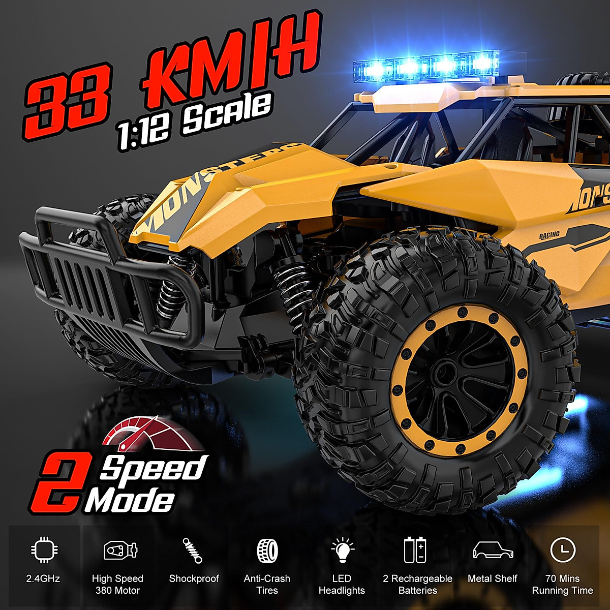 BLUEJAY Remote Control Car for Boys, RC Cars, 1:12 Monster RC Truck Off Road with LED Headlight and Rechargeable Battery Gifts for Adults Boys 8-12