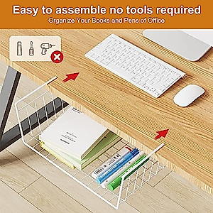 Bellsal Under Shelf Basket, 4 Pack Metal Hanging Wire Shelf Under Shelf Storage, Slides Under Cabinet Shelf, Space Saving for Kitchen Pantry Office Bathroom Bookshelf Under Shelf Organizer, White