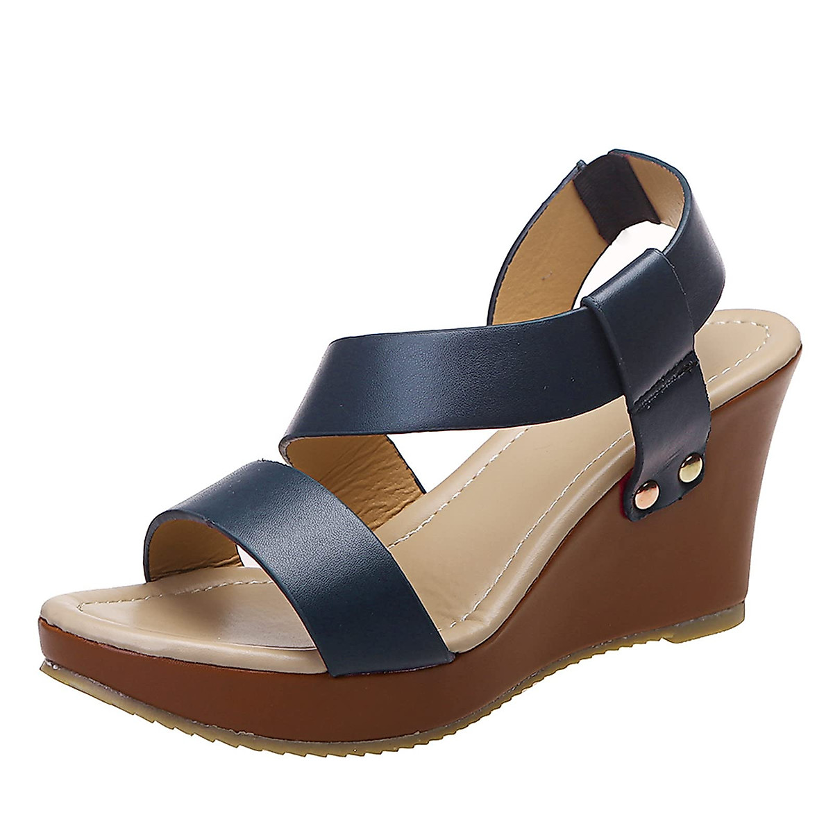 Sudnghyto Women's Casual Strappy Sandal Elastic Strap Pearl Boho Beach Dress Sandals Open Toe Wedge Platform Slope Shoes