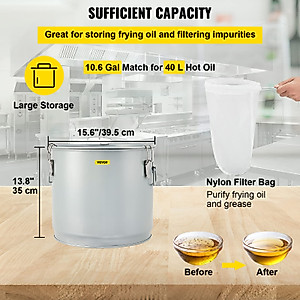 VEVOR Fryer Grease Bucket 11 Gal, Coated Carbon Steel Oil Filter Pot 40L with Caster Base, Oil Disposal Caddy with 82 LBS Capacity, Transport Container with Lid Lock Clip Nylon Filter Bag Silver