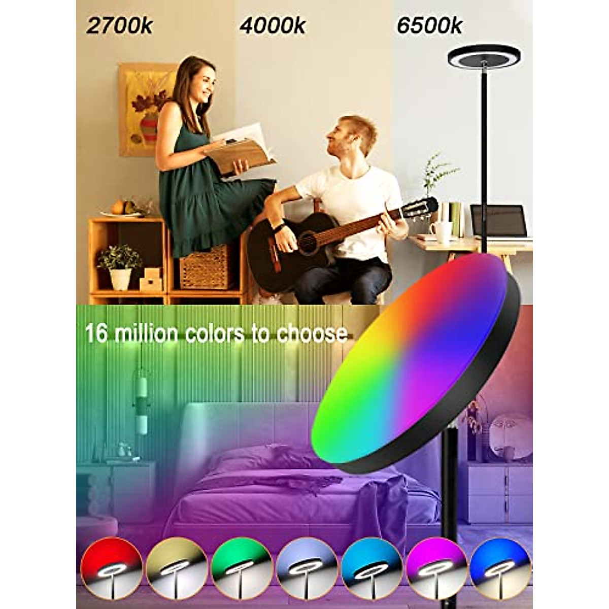 Hyskostar 2 Side Lighting Led Floor Lamp with Remote & Touch Control 24 W 1000LM, Dimmable 3 Color Temperatures,Tall Standing RGB Floor Lamps for Living Room,Bedroom