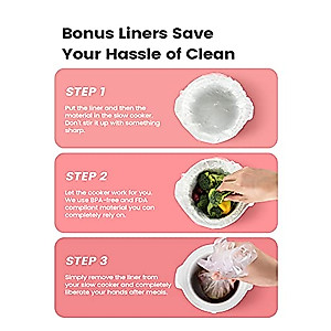 KOOC Small Slow Cooker, 2-Quart, Free Liners Included for Easy Clean-up, Upgraded Ceramic pot, Adjustable Temp, Nutrient Loss Reduction, Stainless Steel, Pink, Round