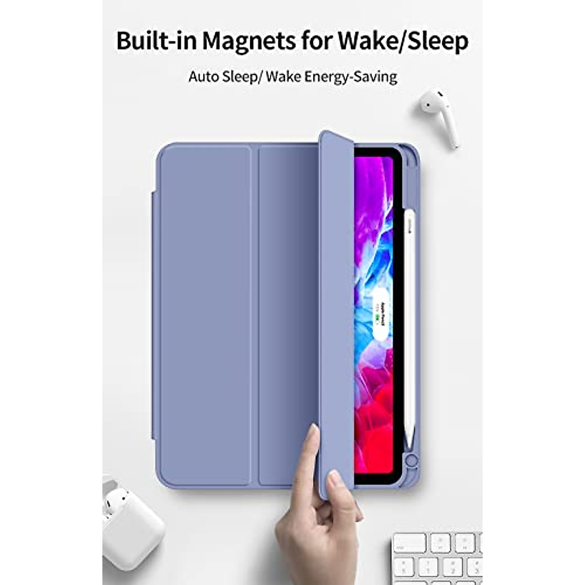 ExuCase for iPad Air 5th Generation 10.9 Inch 2022 / iPad Air 4th Gen 2020 / iPad Pro 11 2022/2021/2020/2018 with Pencil Holder, Trifold Smart Cases Shell + Clear Transparent Back Cover, Gray Purple