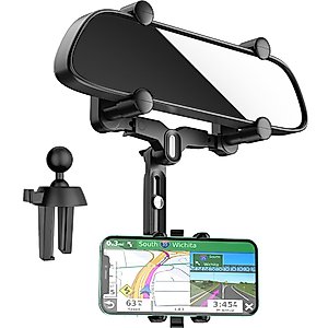 2in1 Phone Mount for Car Rearview Mirror & Air Vent, Super clamping force, Universal 360° Rotatable and Retractable Phone Holder Adjustable Multifunctional for Most Mobile Phones & Cradle Air Vent.