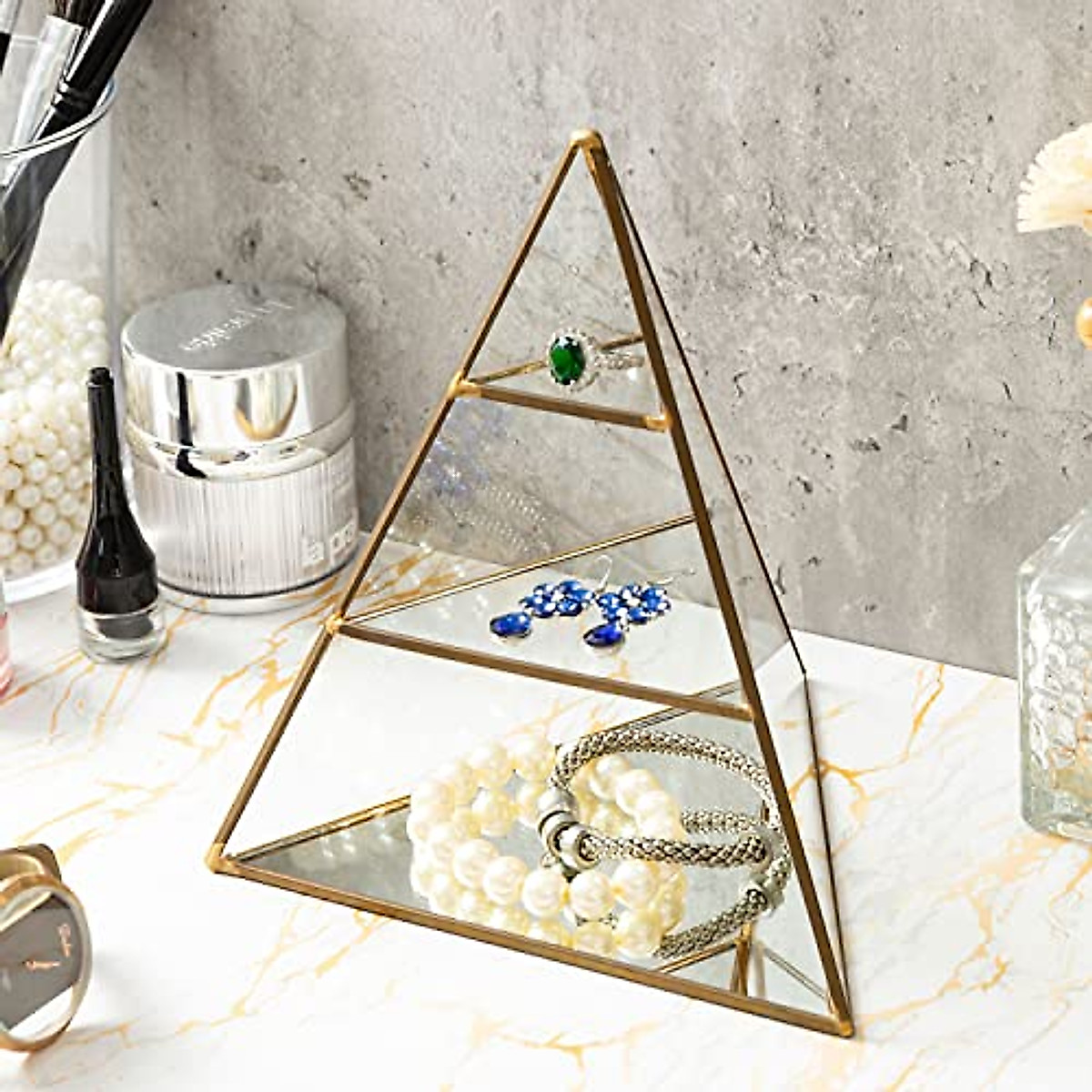 MyGift Glass Pyramid Small Jewelry Organizer Box with Brass Metal Frame, 3 Tier Crystal Display Case