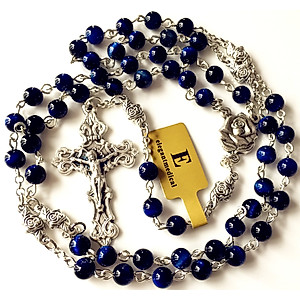 elegantmedical HANDMADE Blue Tiger Eye Beads & Silver Rose Beads ROSARY CROSS Crucifix Necklace box