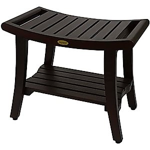 DecoTeak Harmony Shower Bench 24" Solid Teak Wood Shower Bench with Shelf and LiftAide Arms 300 Pound Weight Capacity Shower Stool in Woodland Brown Finish