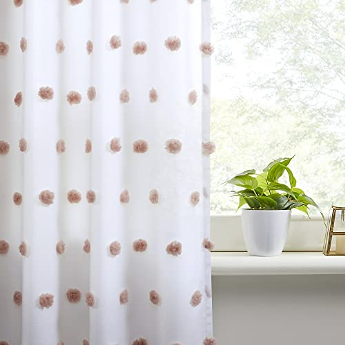 Intelligent Design Sophie Sheer Single Window Curtain Panel Clipped Pompom Embelished Privacy Drape with Rod Pocket for Bedroom, Livingroom, 50" x 84", Blush