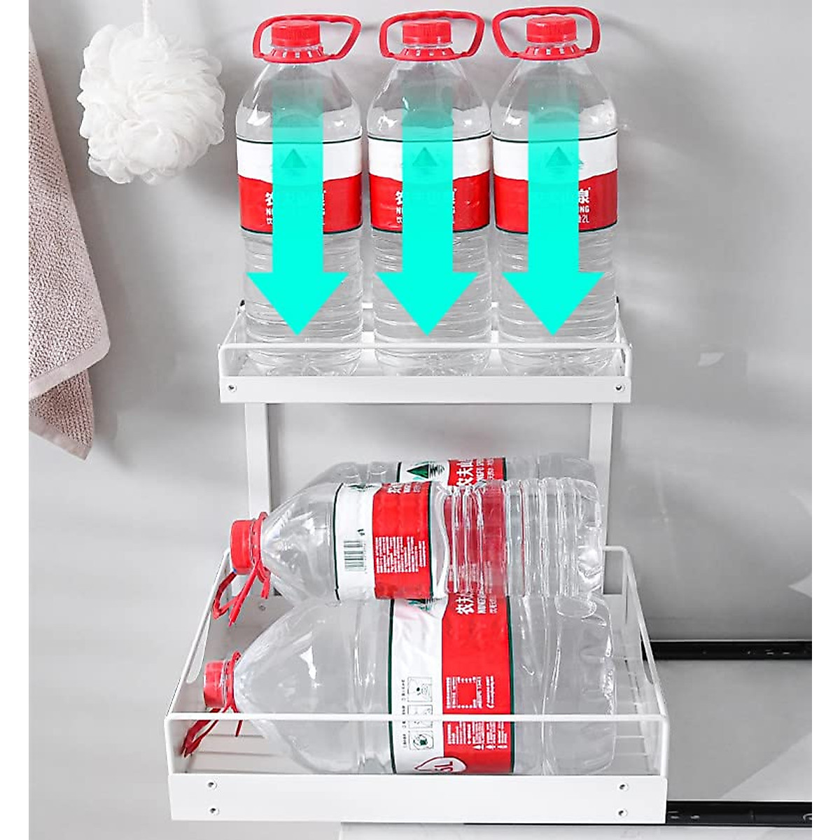 KINGPOUL Under Sink Organizers-2-Tier L-Shape Heavy Duty Metal Smooth Slide Out Pull Out Drawers for Under Cabinet Storage Around Plumbing, Under Kitchen Bathroom Sink Organizers and Storage（White