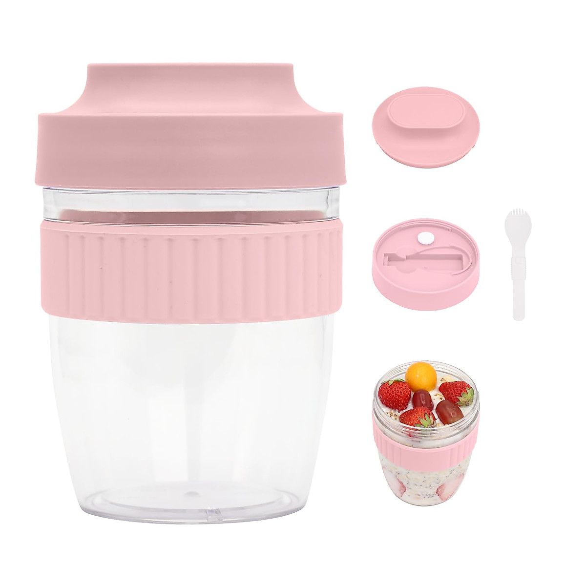 daasigwaa Breakfast On The Go Cups, Overnight Oats Containers With Lid And Folding Spoon, Take And Go Yogurt Cereal Snack Parfait Salad Containers For Lunch, Fruit & Vegetable Jar, 20 oz(Pink)
