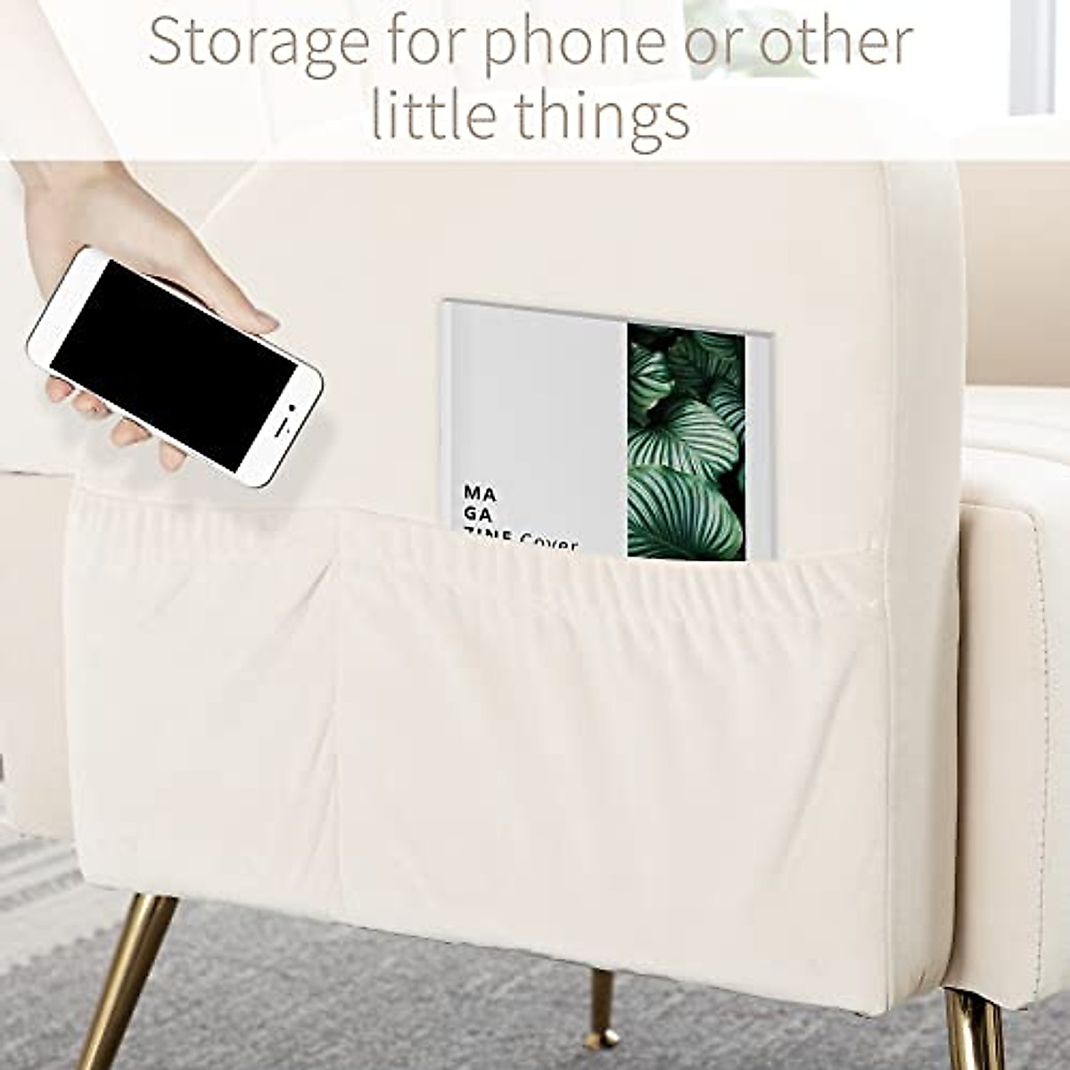 Villeston Accent Chairs Set of 2 for Living Room Velvet High Back Comfy Armchair Single Sofa with Metal Legs for Bedroom Office, Beige