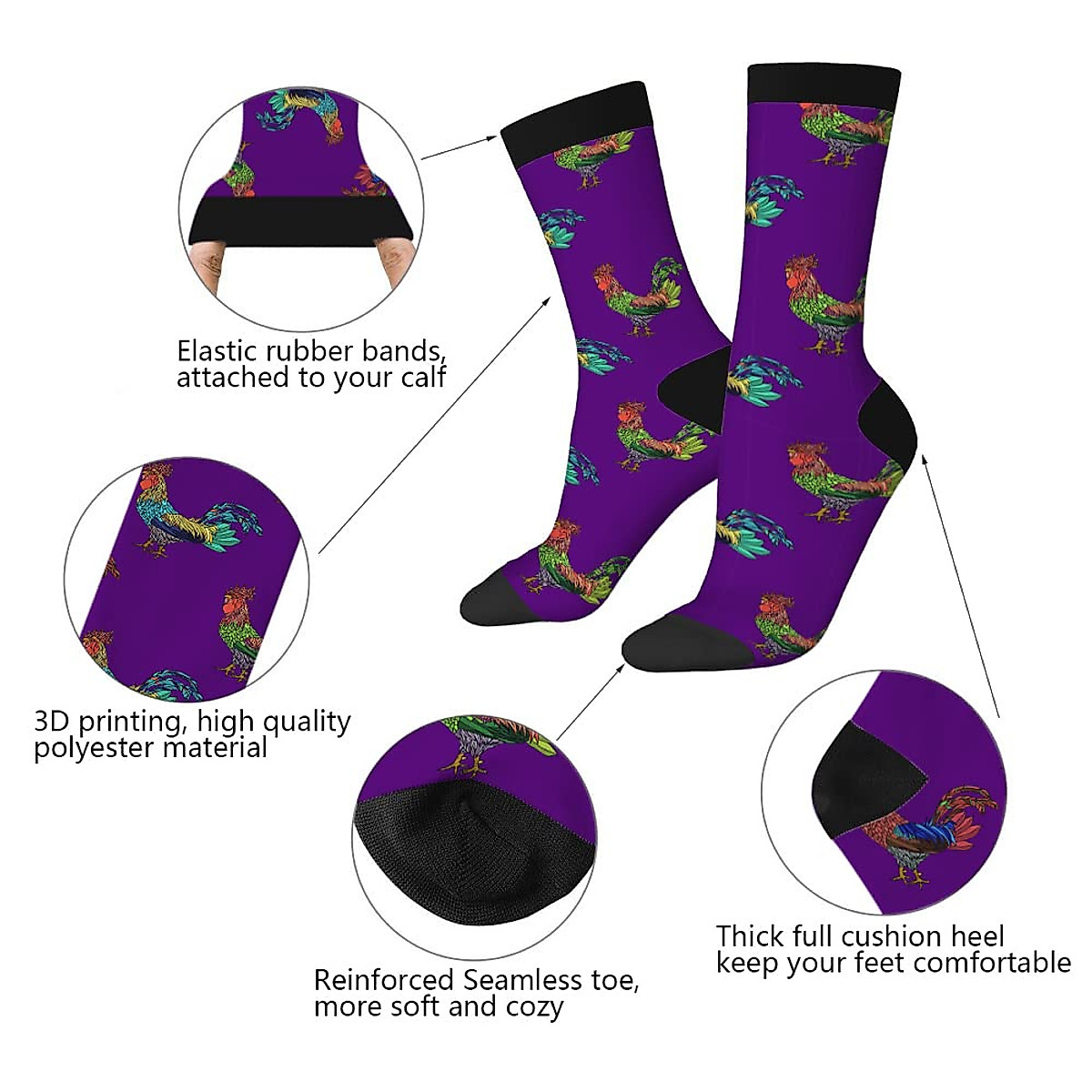 AOYEGO Roosters Funny Socks Colored Cock Poultry Retro Elegance Bantam Purple Novelty Casual Crew Socks Contrast Color Design for Women Men Gift