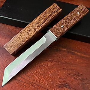 MADSABRE Samurai Full Tang Knife Japanese Katana - Tanto Fixed Blade Knives for Outdoor Tactical Hunting Survival Knives with Wooden Sheath (D2 Steel-Yellow)