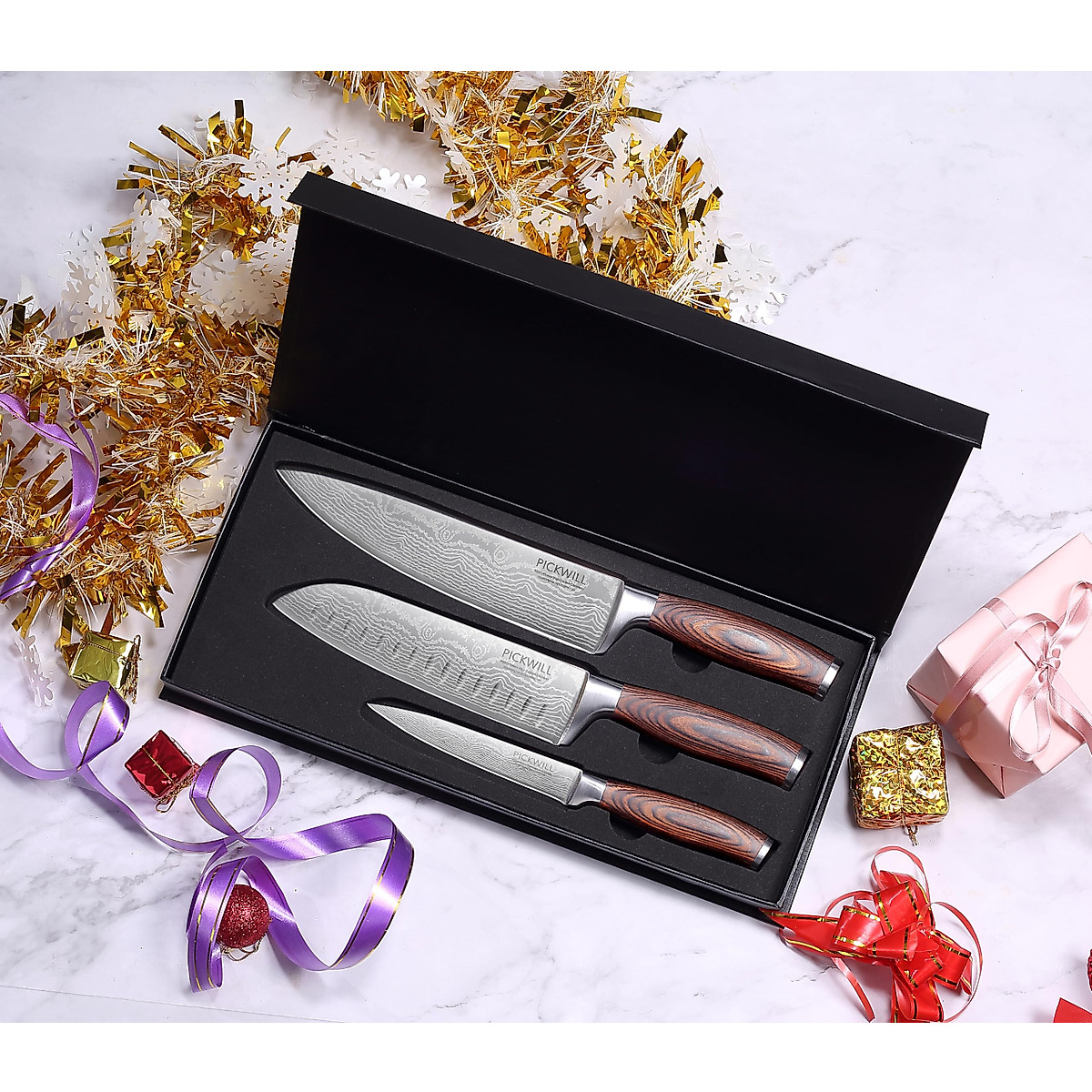 PICKWILL Kitchen Knife Set, 3-Piece Chef Knife Set, Sharp Knives Set with Wooden Handle, High Carbon Stainless Steel Professional Kitchen Knives, Elegant Gift Box for Home or Restaurant