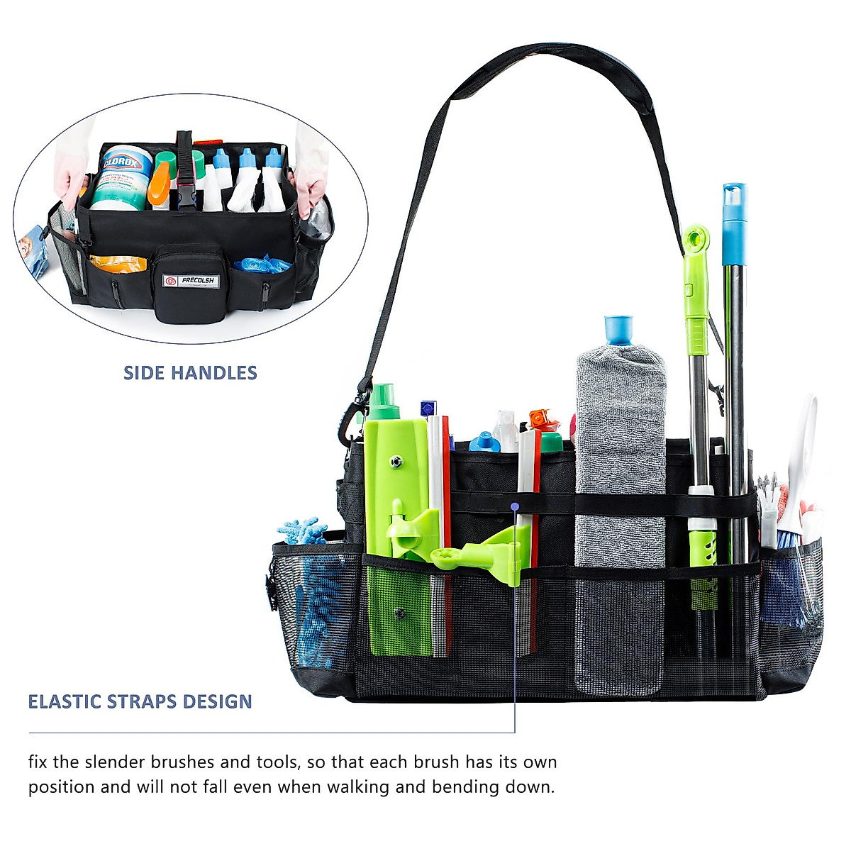 FRECOLSH Large Cleaning Supplies Organizer-Cleaning Caddy Organizer With Handles & Shoulder Strap-Cleaning Bags for Cleaning Suppliers-Housekeepers Wearable Cleaning Tote 2023 Upgraded Black