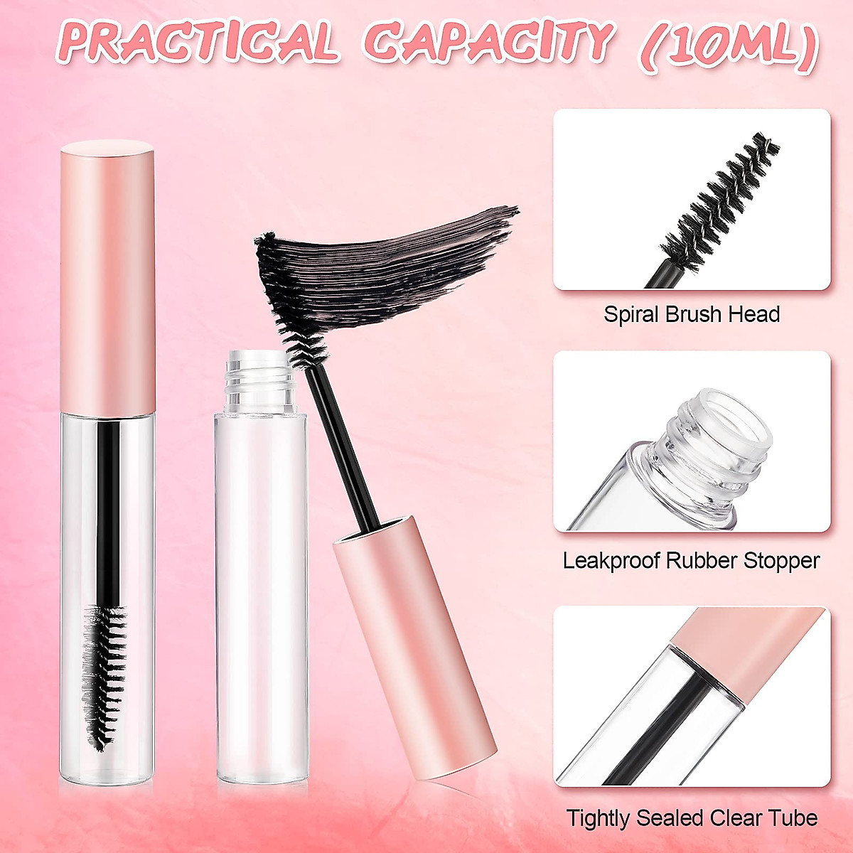 30 Pieces 10 ml Empty Mascara Tubes Eyelash Wand Refillable Clear Bottles Cream Container with 4 Pieces Transparent Funnels Transferring Castor Oil for DIY Cosmetics (Pink)
