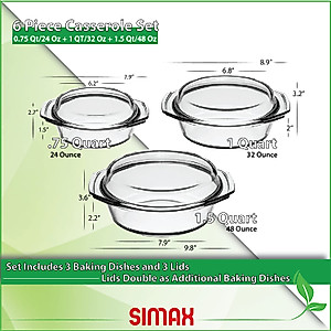 Simax Casserole Dish Set, Set of 3 Casserole Dish with Lid, Round Glass Cookware, Borosilicate Glass, Made In Europe 0.75 Quart, 1 Quart and 1.5 Quart Baking Dishes…