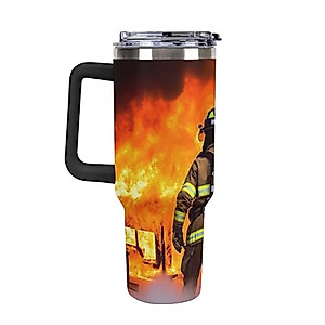 NVBSKKDH Firefighter Fireman Flame 40 Oz Stainless Steel Tumbler with Handle & Straw Double-Walled Vacuum Insulated Travel Mug for Hot/Cold Drinks, Reusable Thermal Cup for Car Cup Holder