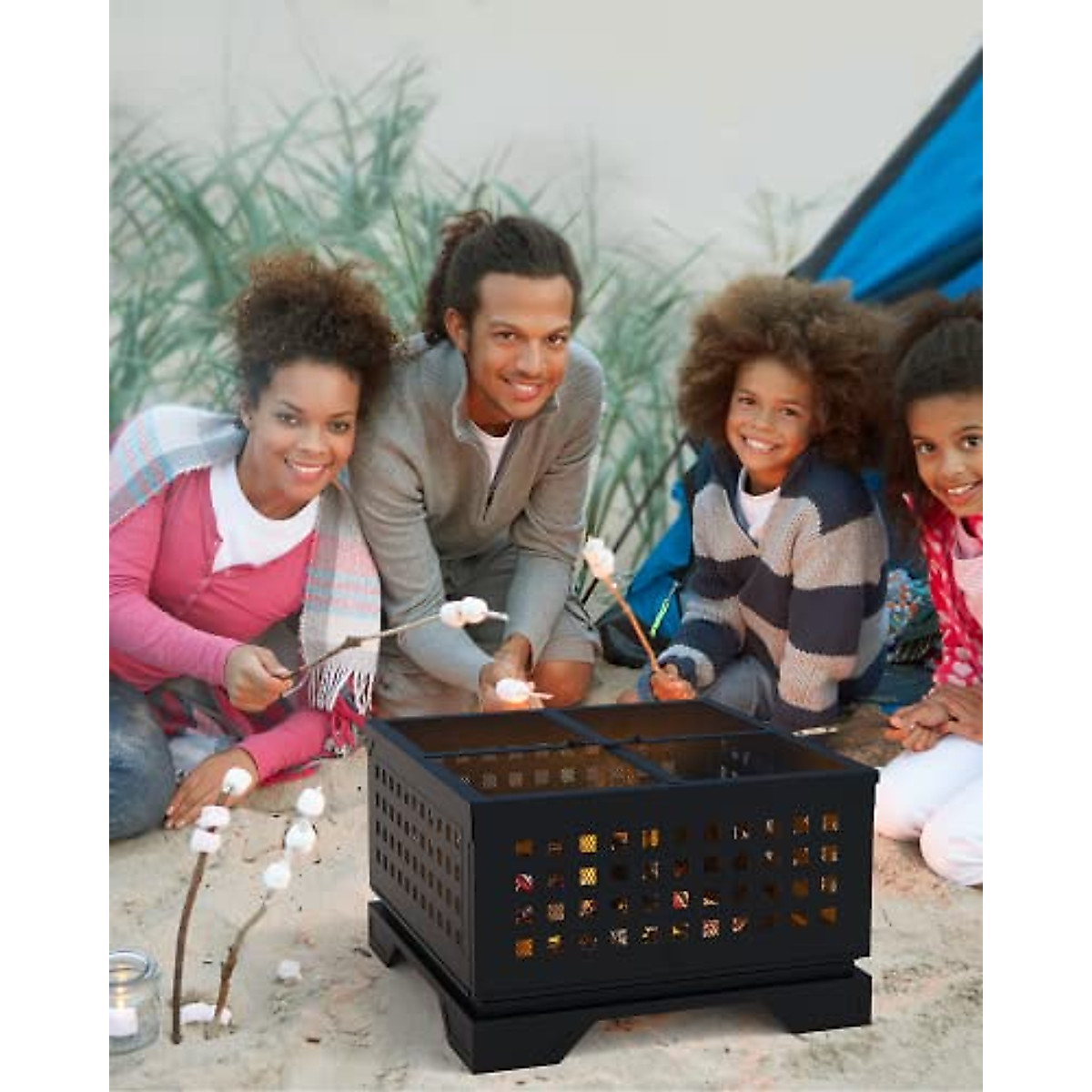 Square Fire Pit Wood Burning [Fast Heating] [Easy Assembling] [Large Flame] 21.7 Inch Outdoor Firepit with Spark Screen for Patio Garden Camping Picnic Bonfire