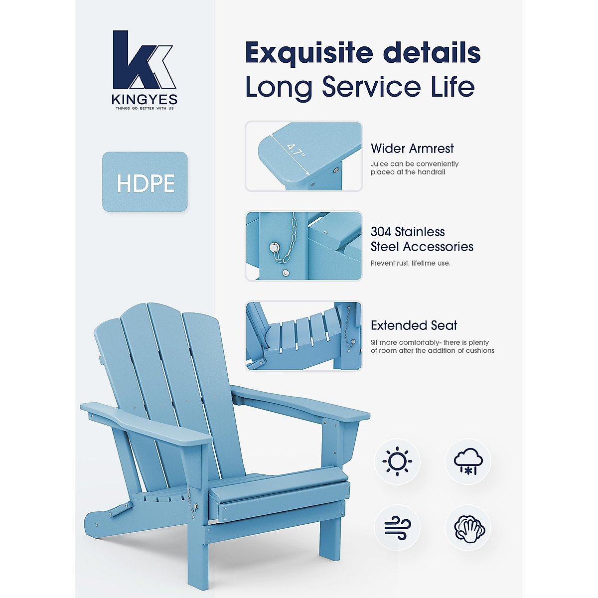 KINGYES Folding Adirondack Chair, HDPE All-Weather Folding Adirondack Chair, Light Blue