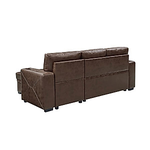 Pemberly Row 85" Wide Easy Pull Out Faux Leather Convertible Sectional Sofa with Cup Holders in Dark Brown