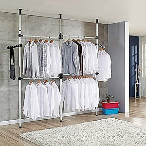 GOTOTOP Telescopic Garment Rack,Adjustable Clothing Rack, Double 2 Tier Heavy Duty Hang Clothes Rack,Closet Organizer, Freestanding Ceiling Hanging Closet Display Stand,No Drilling, No Tools Needed