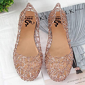 Sandals for Women Casual Flat Heel Beach Jelly Shoes Slip On Crystal Summer Soft Hollow Ballet Flat (Pink, 5.5)