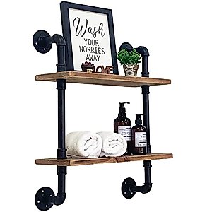 ROGMARS Industrial Pipe Floating Bathroom Shelves Rustic Wood Ladder Bookshelf Wall Mounted Rustic Wood Shelf for Living Room Decor and Storage 15 inch (2 Tier)