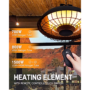 Star Patio Electric Patio Heater, Outdoor Ceiling Heater With Remote Control & Touch Switch, 700/800/1500W Hanging Patio Heater With UFO Shape Sandy Black, Infrared Heater, IP44 Waterproof, STP2036-B