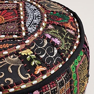 Indian Patchwork Pouf Cover Indian Living Room Pouf, Decorative Ottoman,Embroidered Designer Ottoman, Home Living Footstool Chair Cover, Bohemian Ottoman Pouf Decor (22 Inches, Black)