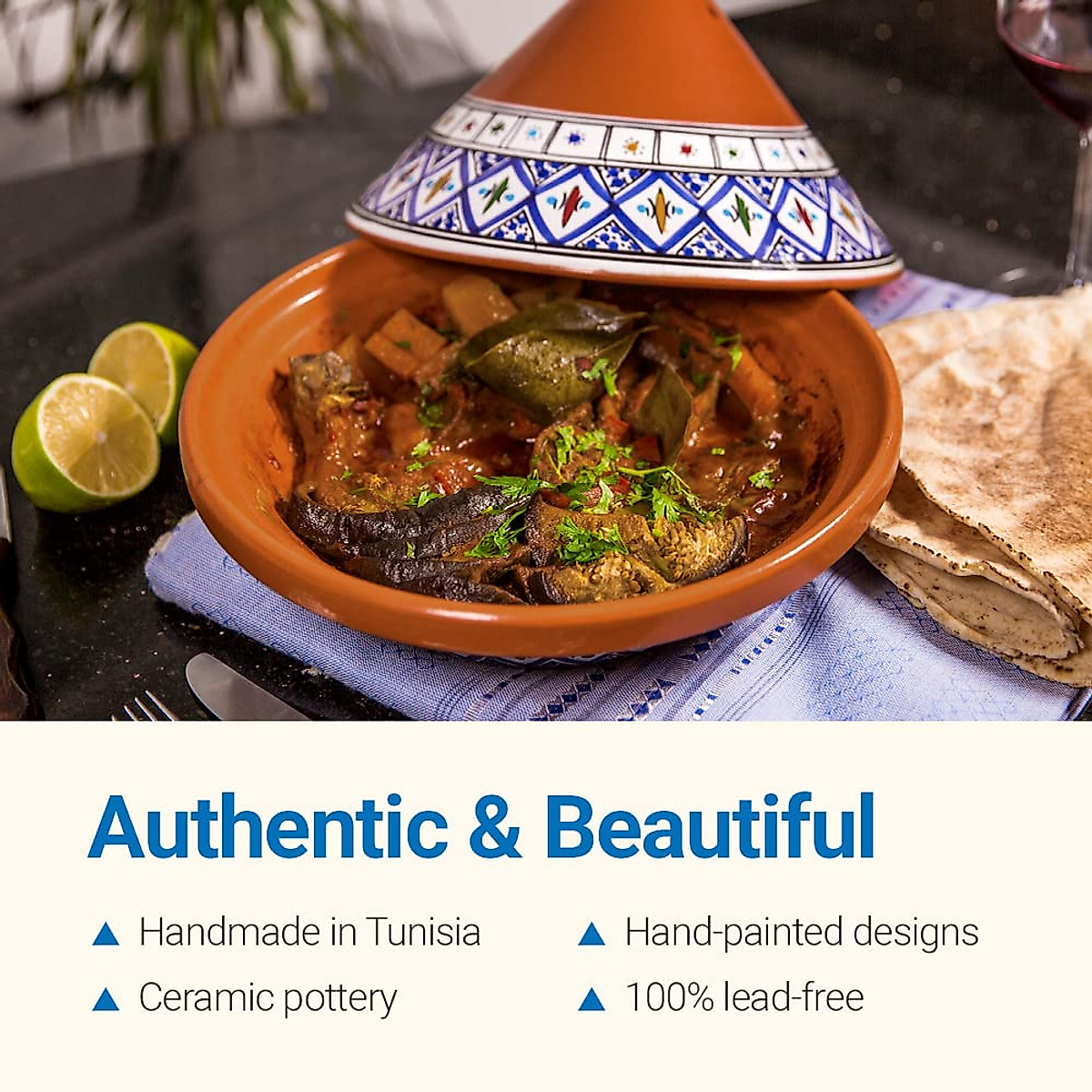 Kamsah Hand Made and Hand Painted Tagine Pot | Moroccan Ceramic Pots For Cooking and Stew Casserole Slow Cooker (Medium, Supreme Bohemian Blue)