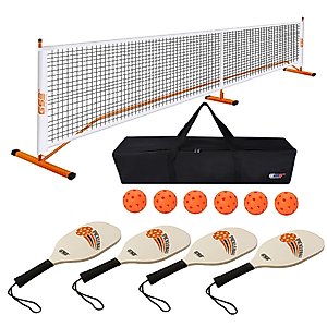 GSE Games & Sports Expert Portable Pickleball Net Set for Driveway with 22FT Regulation Size Net, 4 Paddles, 6 Outdoor Pickleballs, and Carrying Bag, Weather Resistant Metal Frame (Orange)