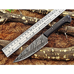 8.5 Inches long custom made Damascus steel hand forged Paring Knife, kitchen knife 4" full tang blade, Natural Buffalo Horn scale inserting hole (Black)