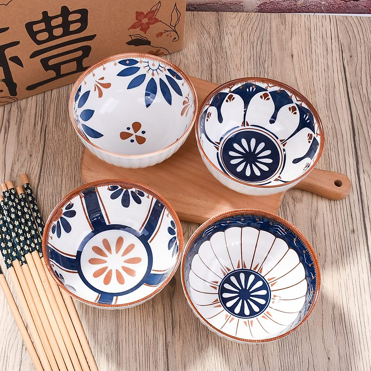 Ceramic Rice Bowls and Chopstick Set of 4,A Good Gift for Friend and Family (RS)