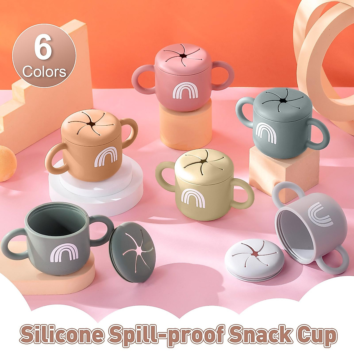 Didaey 6 Pack Silicone Snack Cups Spill Proof Bowls for Kids Toddlers Baby No Spill Snack Cup Snack Container for Toddler over 6 Months Baby Snack Cups with No Slip Handles