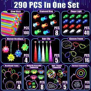 Glow in the Dark Party Supplies for Kids Adults, Light Up Party Favors with 57 LED Light Up Toys, 100 Glow Sticks Bulk DIY Glow Necklaces Glasses Bracelets Headband, Neon Party Supplies & Decorations