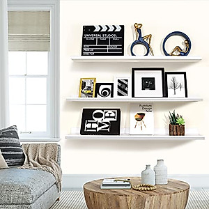 Annecy Floating Shelves Wall Mounted Set of 3, 36 Inch White Rustic Wood Shelves for Wall, Wall Storage Shelves with Guardrail Design for Bedroom, Bathroom, Kitchen, Office, 3 Different Sizes