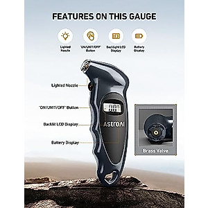 AstroAI Digital Tire Pressure Gauge with Replaceable AAA Battery, 150 PSI 4 Settings Stocking Stuffers for Car Truck Bicycle Backlit LCD Non-Slip Grip Car Accessories, Gray