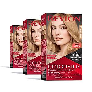 Revlon ColorSilk Permanent Hair Color, 100% Gray Coverage Dye Kit, Ammonia-Free, Keratin and Amino Acids, Blonde Shades, 71 Golden Blonde (Pack of 3)