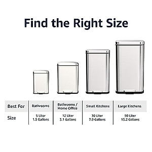 Amazon Basics Smudge Resistant Small Rectangular Trash Can With Soft-Close Foot Pedal, for Bathroom/ Living room, Brushed Stainless Steel,12 Liter/3.1 Gal, Satin Nickel Finish,11.3"L x 9.9"W x 15.1"H