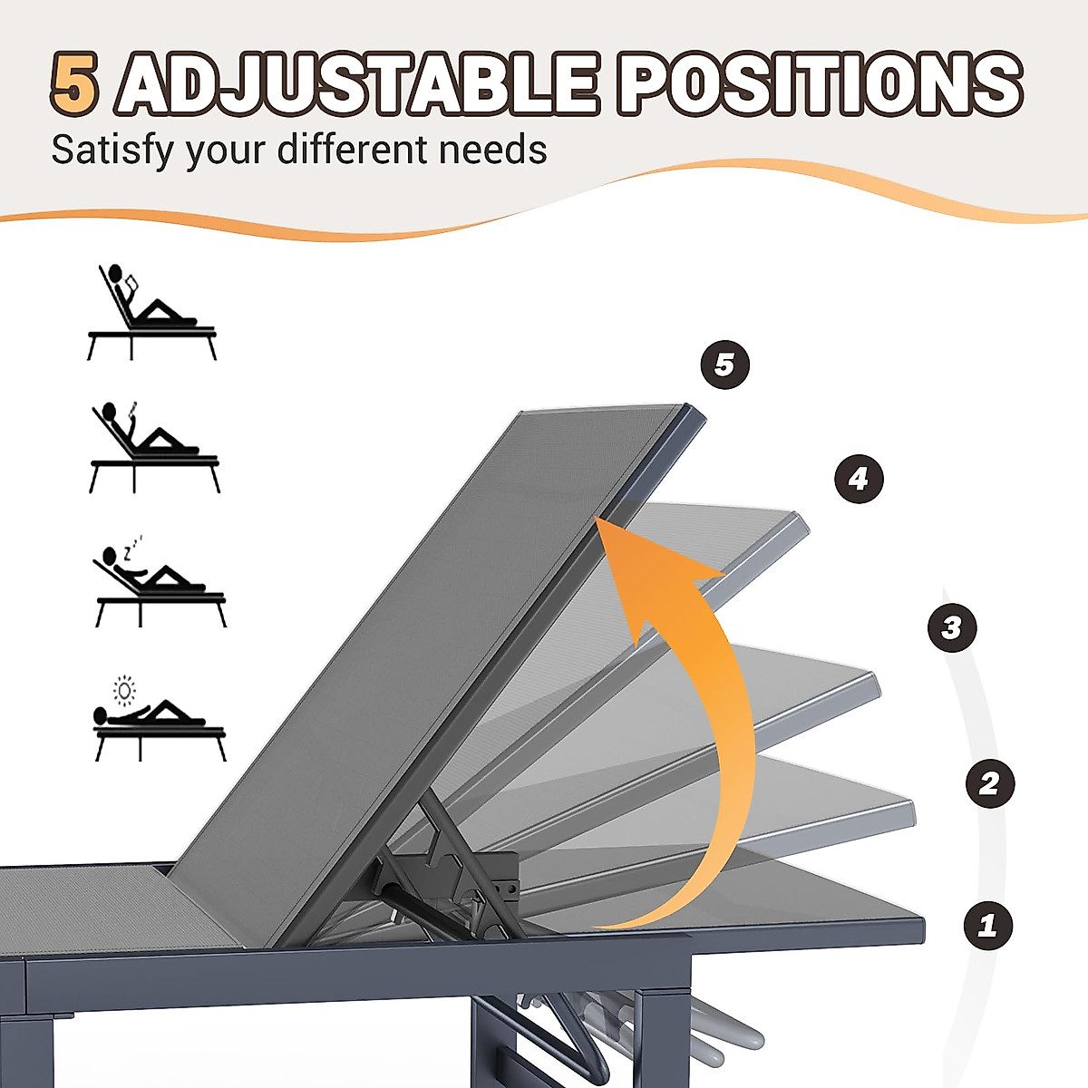 Amopatio Patio Chaise Lounge Set of 3, 24.4" Wider Outdoor Lounge Chairs with Table, Textilene Pool Chaise Lounge for Sun Tanning Lay Flat Poolside Lounger for Beach, Lawn, Grey