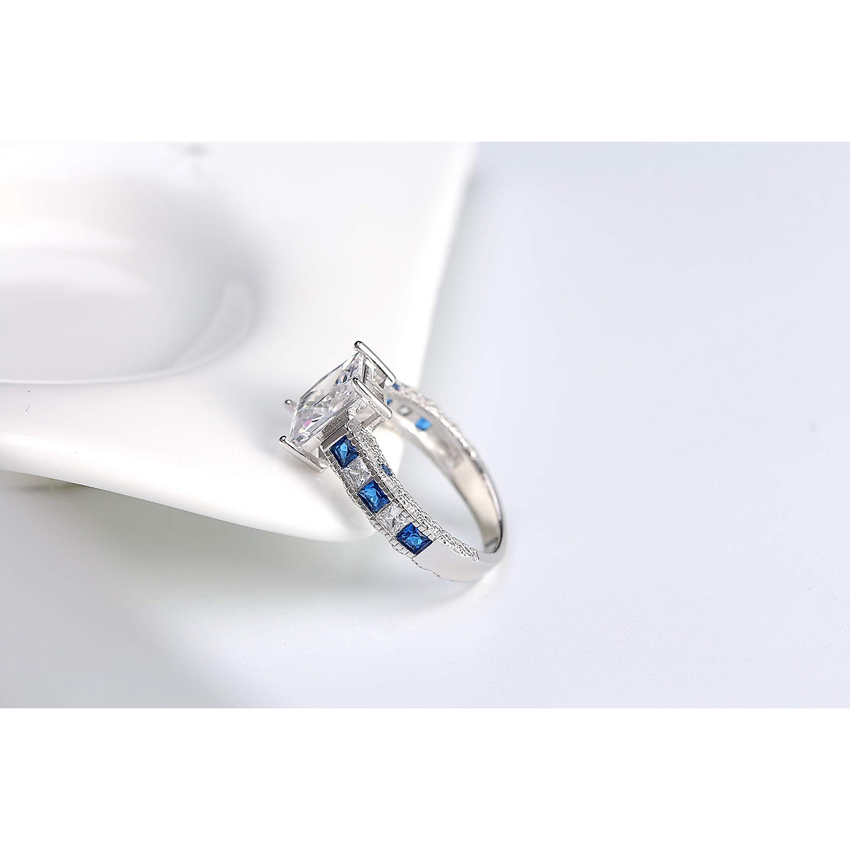 Ginger Lyne Collection Katharina Sterling Silver 2.5CT Emerald cut with Blue Accent CZ Engagement Wedding Bridal Ring Size 9