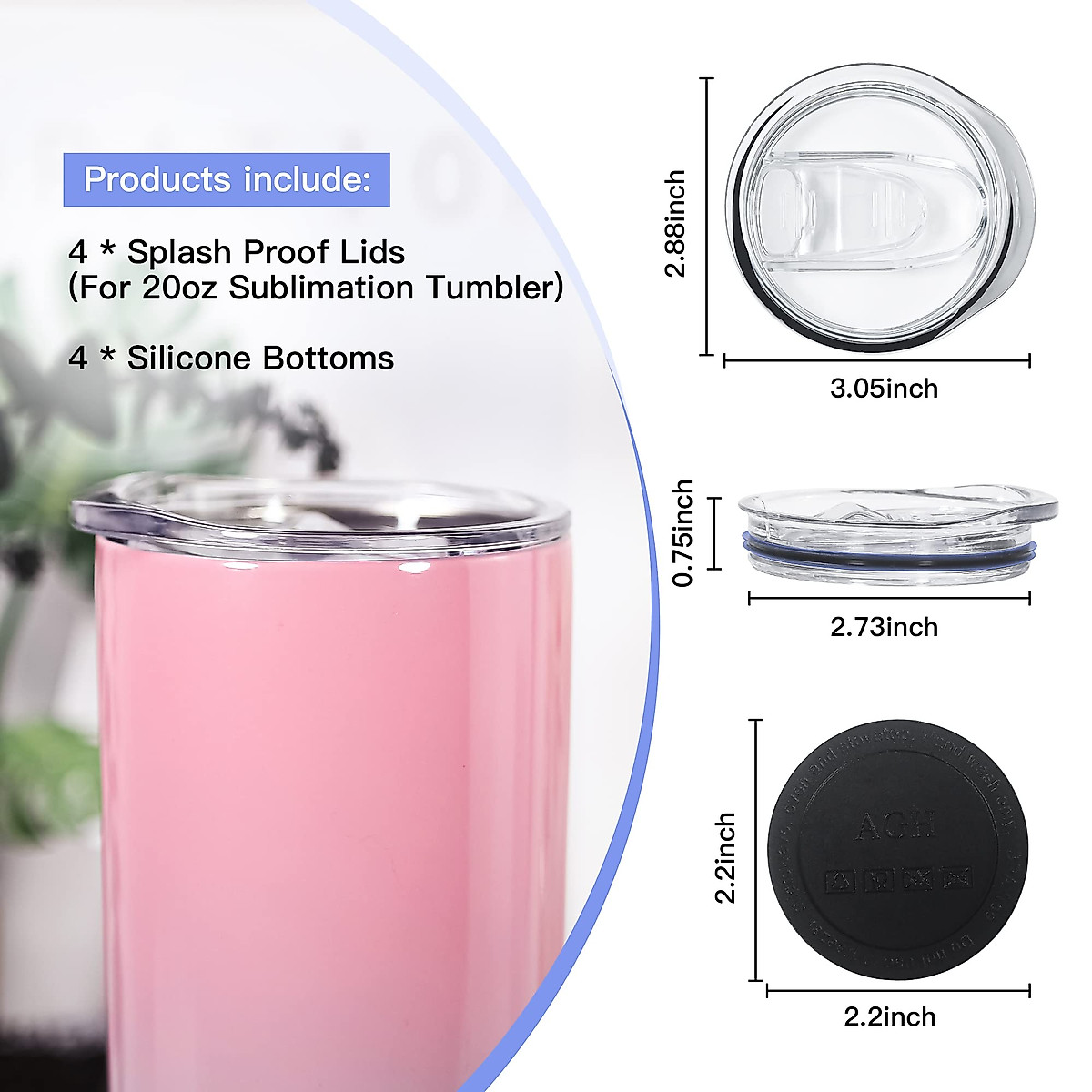 AGH 4PCS Splash Proof Lids & Silicone Bottoms for Sublimation Tumblers 20 oz Skinny Straight, 2.7 Inch Tumbler Replacement Splash Resistant Lids Covers, 2.2 Inch Protective Anti-Slip Rubber Coaster