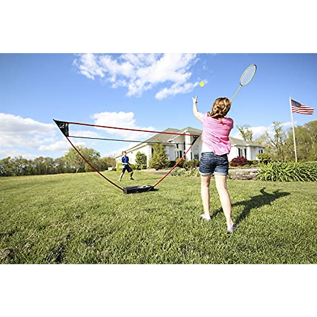 Zume Games Portable Badminton Set with Freestanding Base – Sets Up on Any Surface in Seconds – No Tools or Stakes Required,Red/Black/Green,1,OD0006W