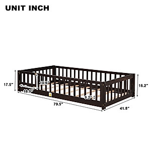 Bellemave Twin Size Wooden Floor Bed Frame with Fence Railings and Support Slats for Kids, Espresso