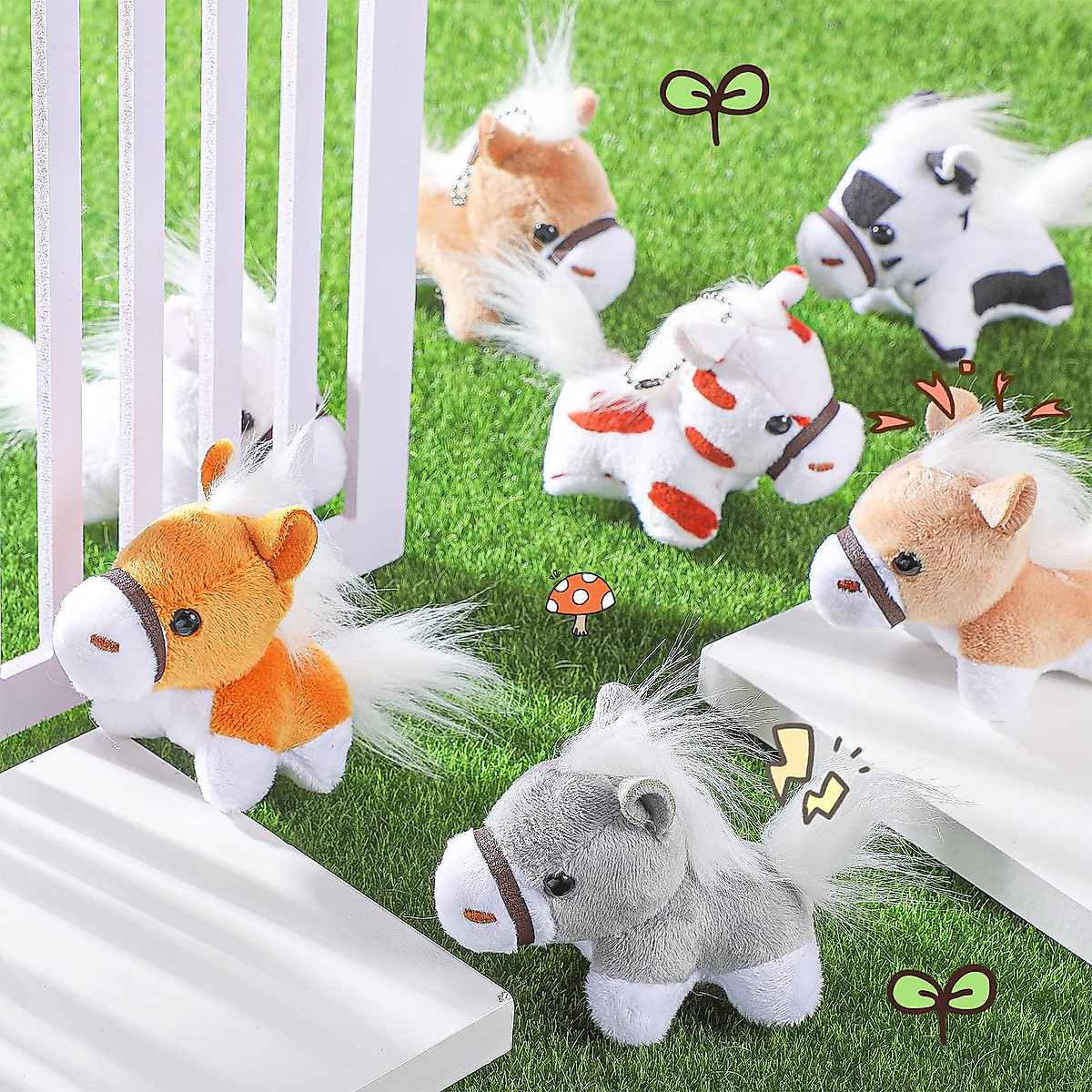 Hungdao 36 Pcs Horse Plush Stuffed Animals Bulk 3.15 Inch Cattle Horse Party Favors Realistic Stuffed Animals Stuffed Mini Plush Pets Toy for Farm Themed Birthday Party Gift Keychain