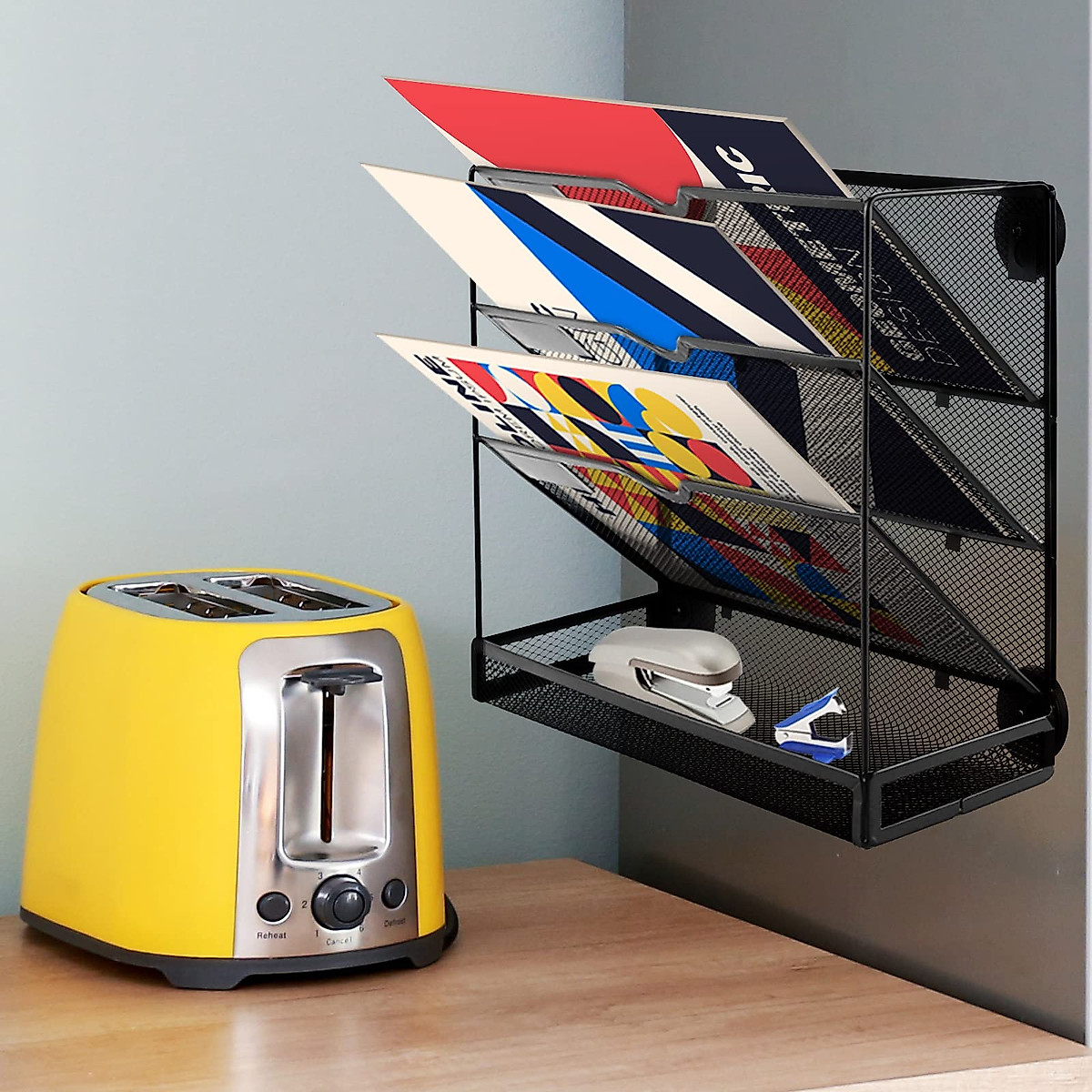 JLLOM 4 Tier Mesh Desk Organizer,Magnetic File Holder for File Cabinets,12.6inch Magnetic Paper Holder that Holds Up to 17.64Lbs Black Paper Sorter Desk Organizer for Office,Home or School