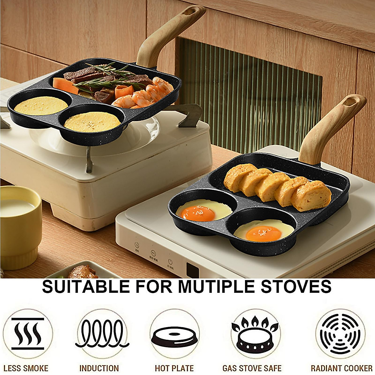 JUSTUP Nonstick Egg Frying Pan, 3-in-1 Nonstick Pan Divided Grill Frying Pan, Heat Resistant Handle 3 Section Skillet Mini Pancake Pan, Cooking Pan for Breakfast, Egg, Bacon and Burgers (Black)