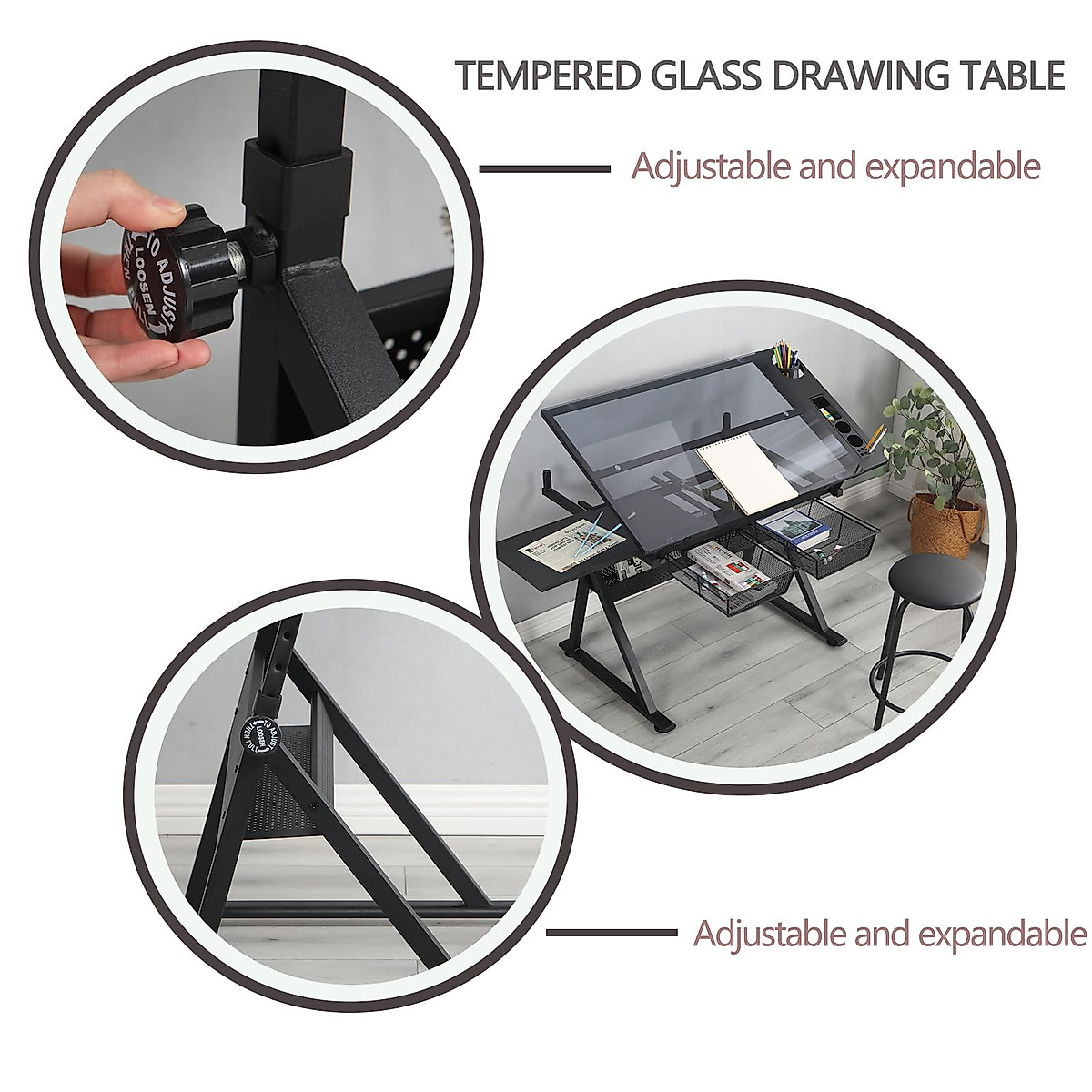 Gee Wuo Black Drawing Table, Modern Design Adjustable Tempered Glass Drawing and Printing Table with 2 Storage Drawers and Chair, Suitable for Office School, Artist